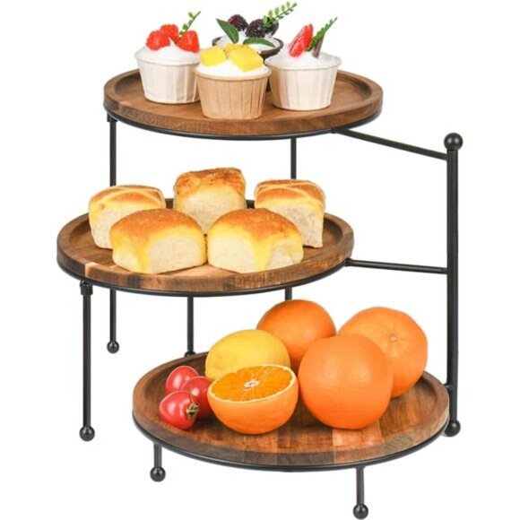 Dining | 3 Tier Serving Tray With Plates 1 D Acacia Wooden Dessert ...